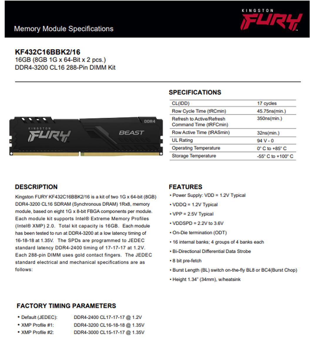 RAM (แรม) KINGSTON FURY BEAST 16GB (8x2) DDR4 3200MHz BLACK ...