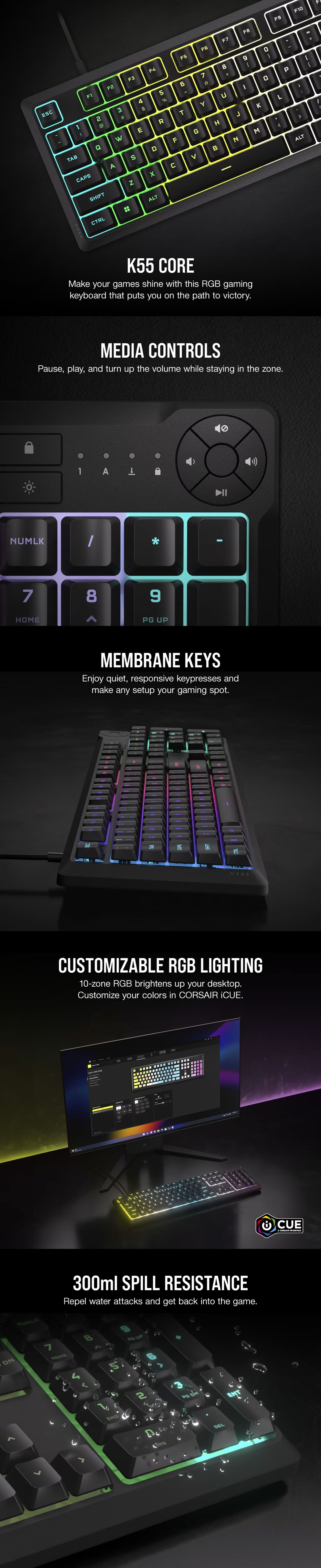 KEYBOARD (คีย์บอร์ด) CORSAIR K55 CORE (BLACK) (RUBBER DOME - RGB - EN ...