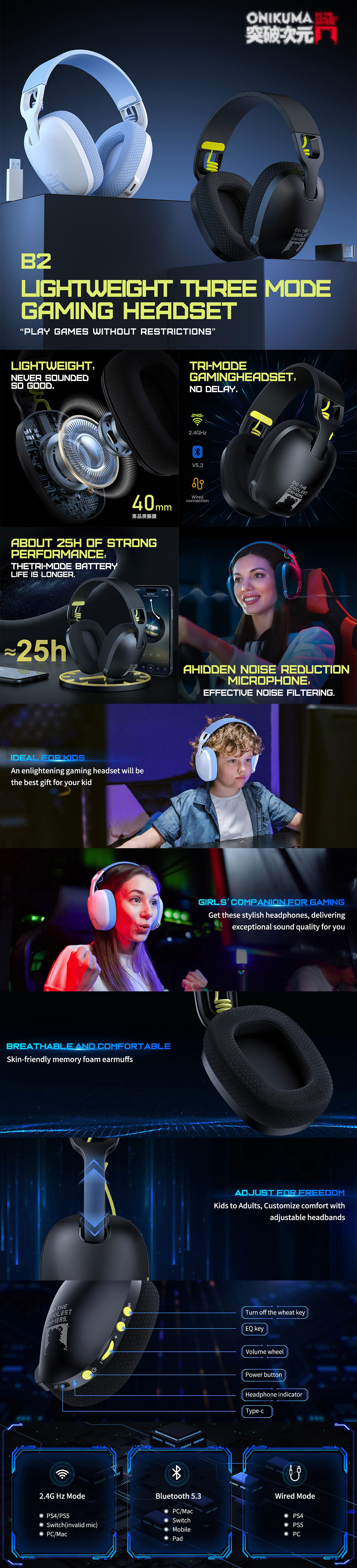 HEADSET (หูฟัง) ONIKUMA KUMA B2 BLUETOOTH 2.4G WIRED 3 MODE (BLACK) (2Y)