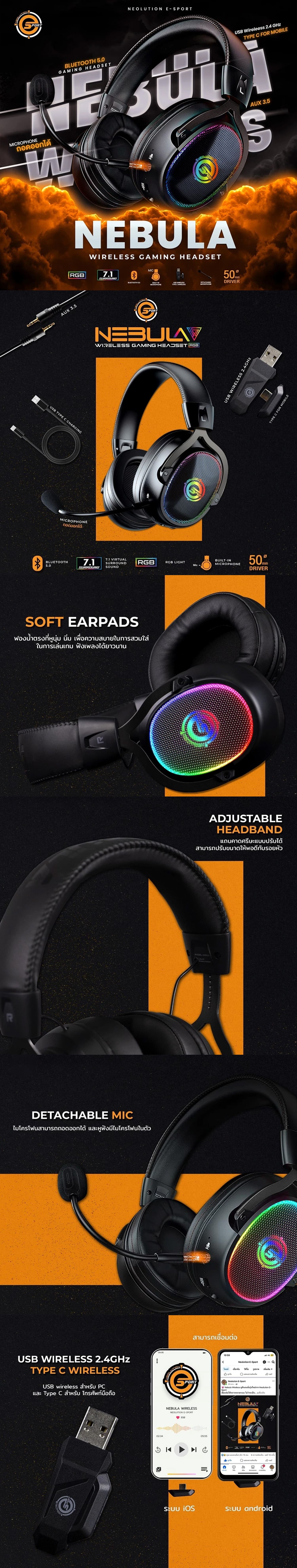 HEADSET (หูฟัง) NEOLUTION E-SPORT NEBULA WIRELESS (BLACK) (2Y)