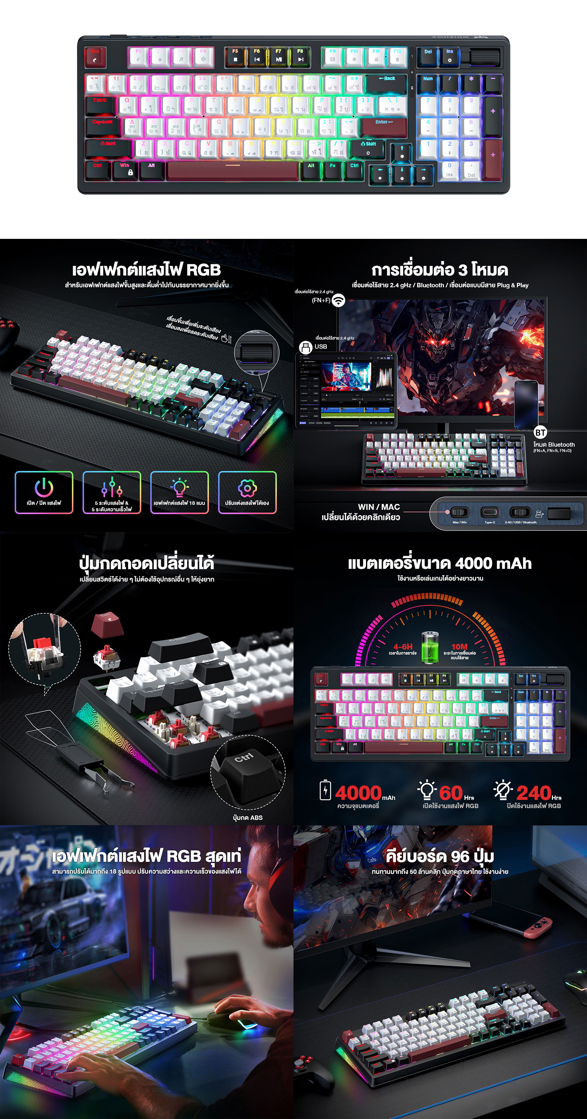 KEYBOARD (คีย์บอร์ด) ONIKUMA AKI GAMING KEYBOARD 3 MODE ( RED SWITCH ...