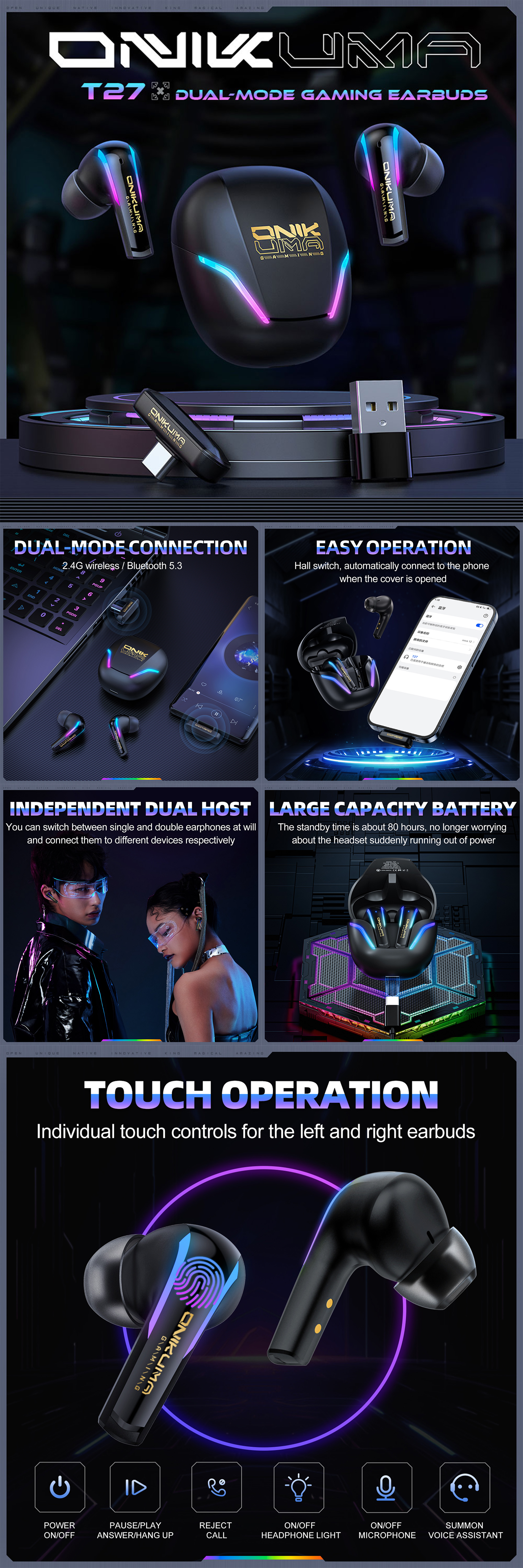 HEADSET (หูฟัง) ONIKUMA T27 TRUE WIRELESS GAMING EARBUDS (BLACK) (2Y)