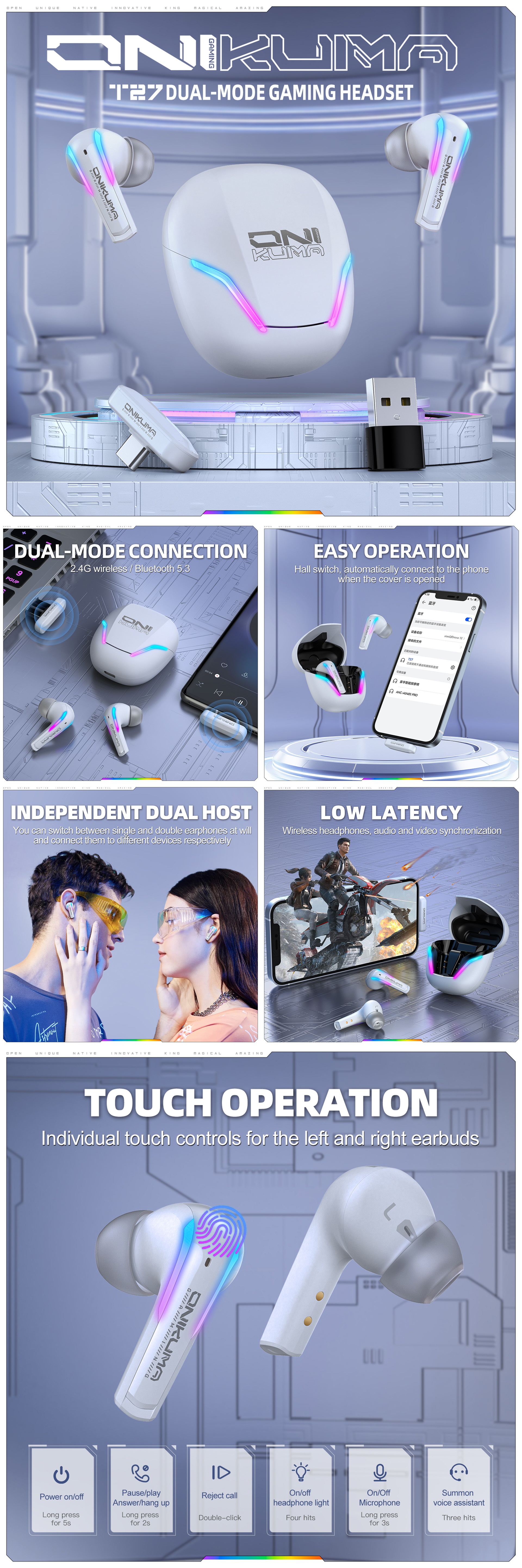 HEADSET (หูฟัง) ONIKUMA T27 TRUE WIRELESS GAMING EARBUDS (WHITE) (2Y)