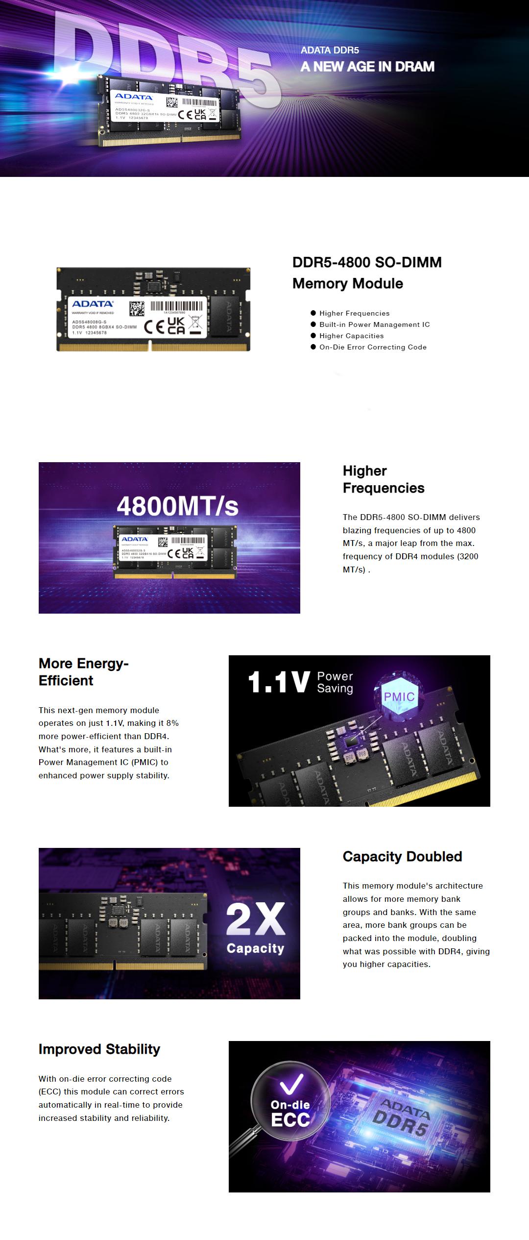 RAM NOTEBOOK (แรมโน้ตบุ๊ค) ADATA 8GB 4800MHz DDR5 (AD5S48008G-S)